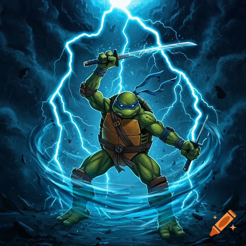 Teenage Mutant Ninja Turtle Leonardo surrounded by blue lightning on ...