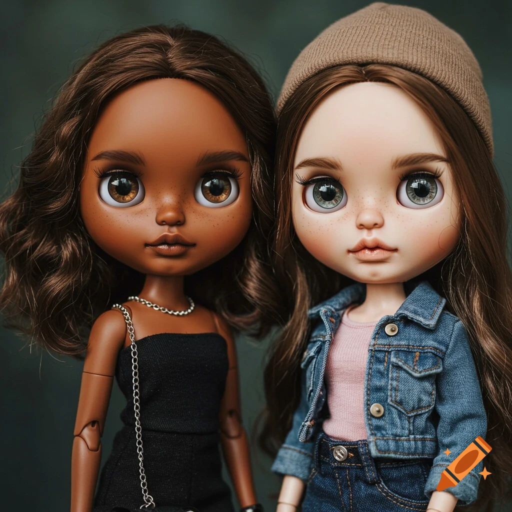 Close-up photorealistic portrait of two custom Blythe dolls standing ...