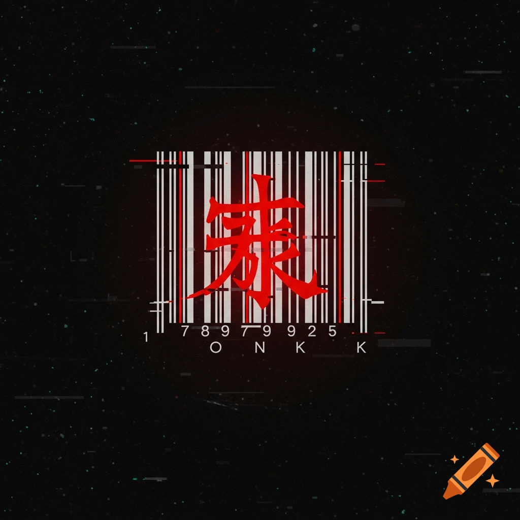 Cyberpunk barcode logo with hidden kanji, glitch effect, neon screen on ...