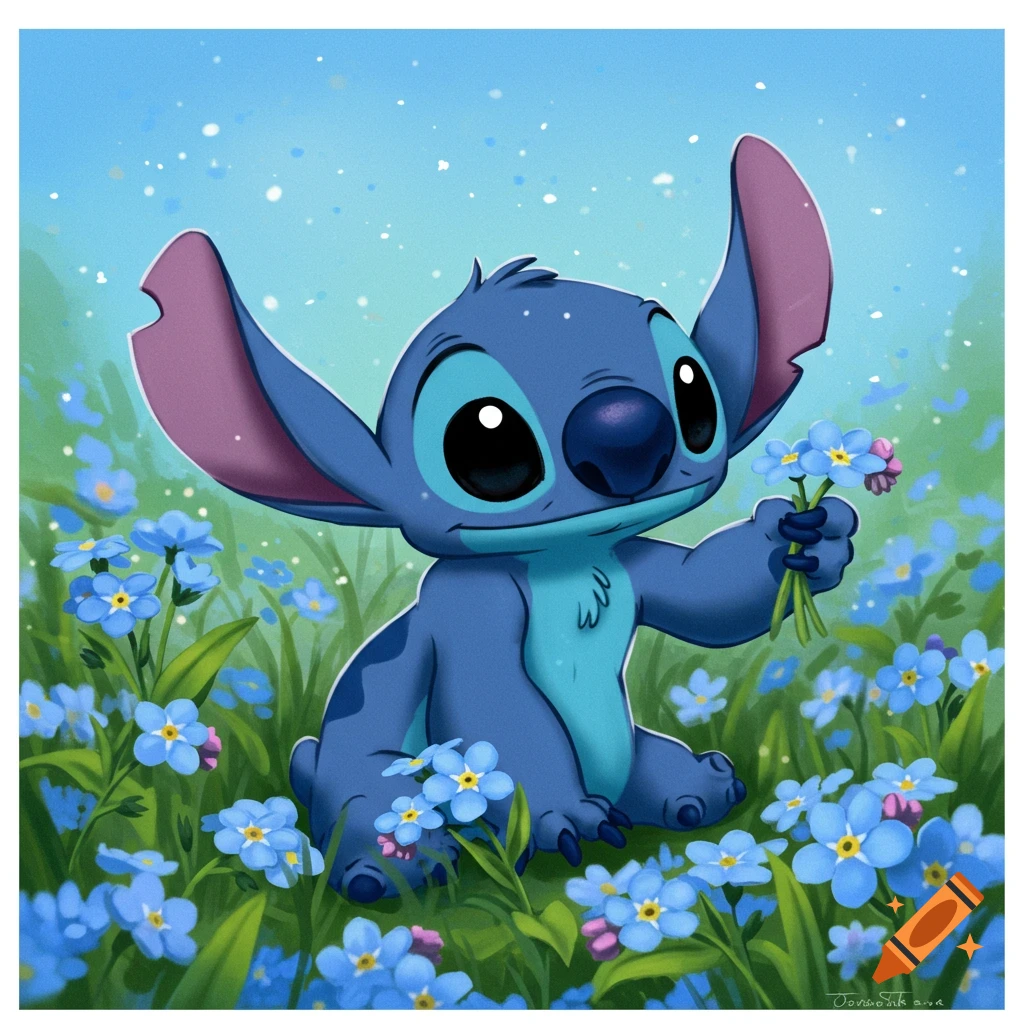 Stitch sits in a field of blue forget-me-not flowers, holding a small ...