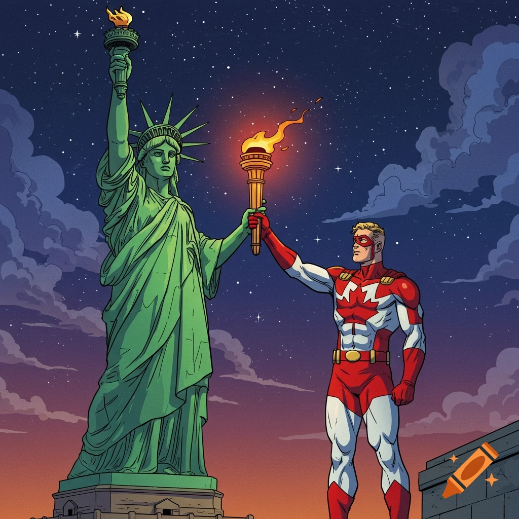 Statue of Liberty passing Torch to Captain Canada on Craiyon
