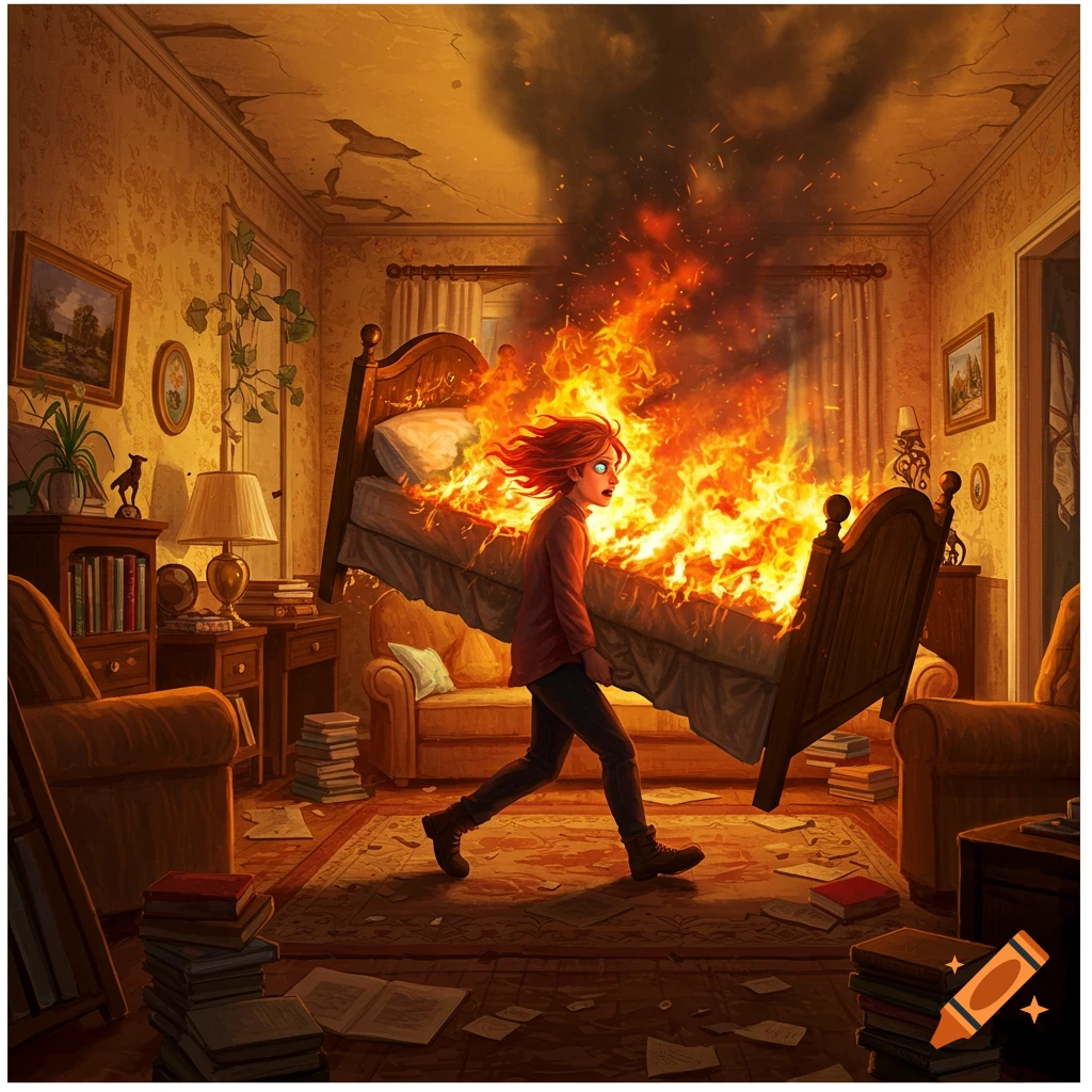 Person crossing room with burning bed on Craiyon