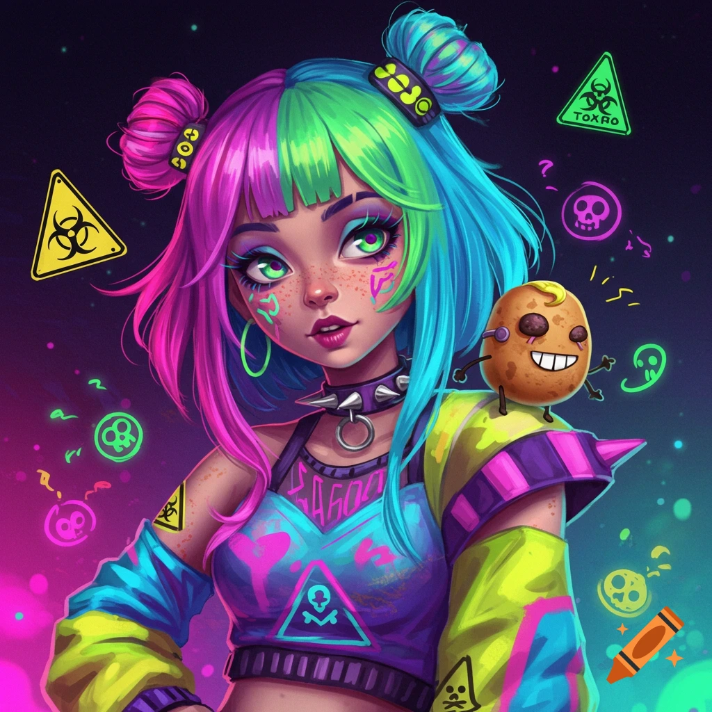 Anime girl with neon colors and toxic symbols, animated potato sidekick ...