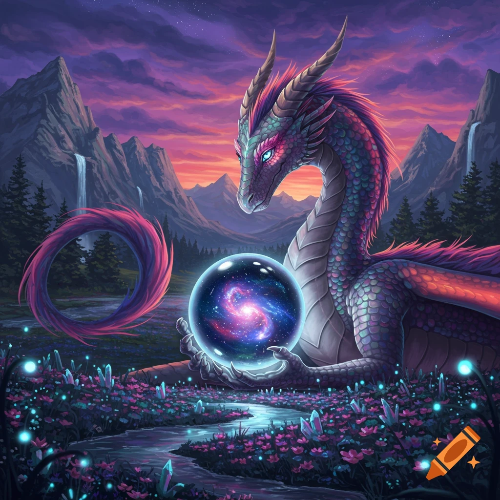 Magical dragon holding a galaxy sphere in a fantasy landscape with ...