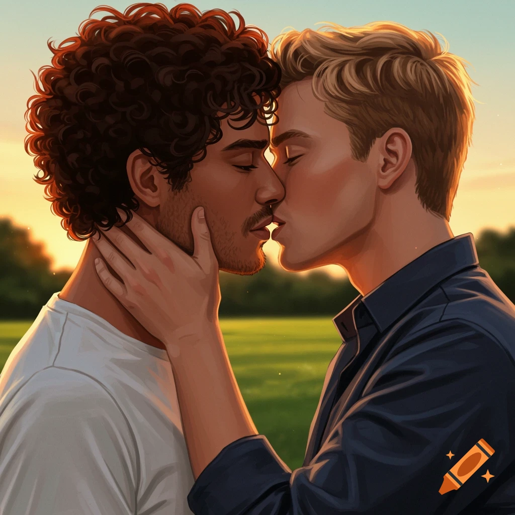 Digital art illustration of two men kissing outdoors at sunset. on Craiyon