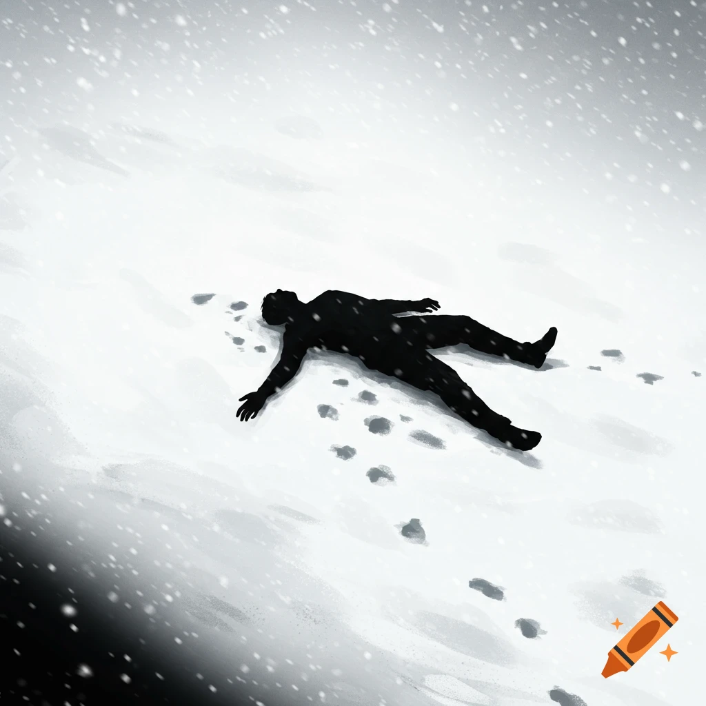 Silhouette of a man dead in the snow, tragic scene with a heartbroken ...