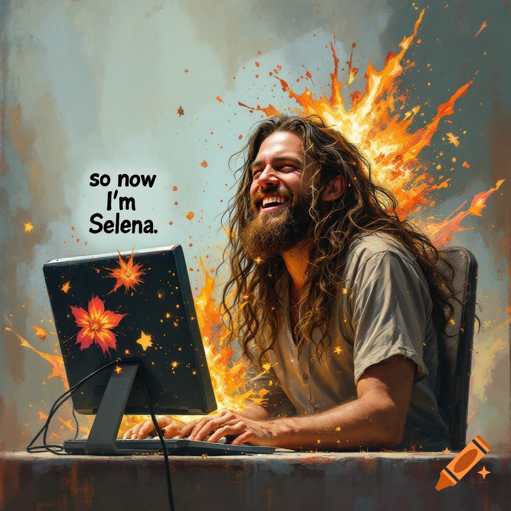 Man with long hair and exploding computer saying “so now I’m Selena” on ...
