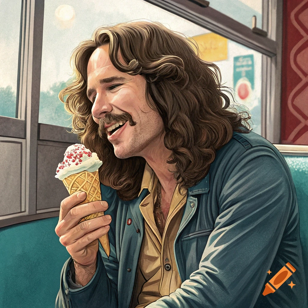 Man resembling Val Kilmer as Jim Morrison eating ice cream on a bus. on ...
