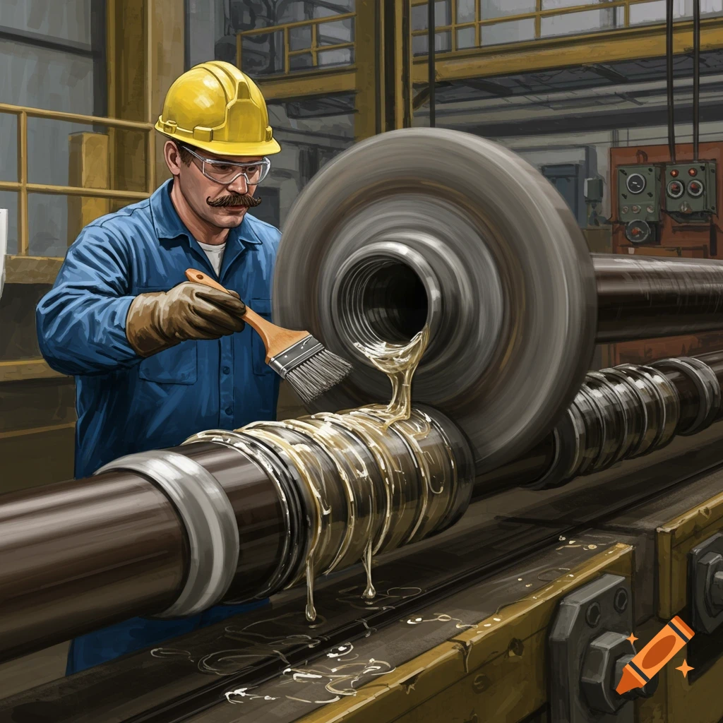 Steel worker applying dope to spinning casing pipe threads. on Craiyon