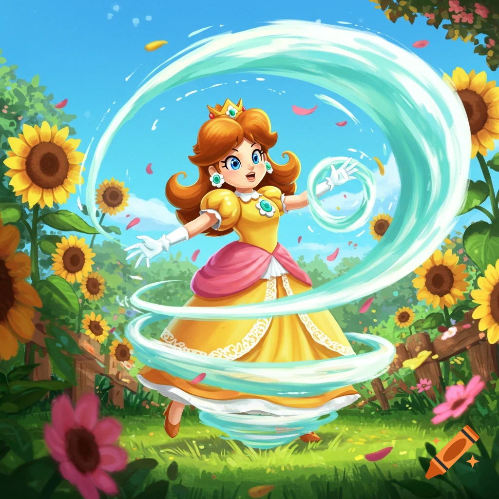 Princess Daisy summons a whirlwind in a sunny garden with sunflowers. on Craiyon