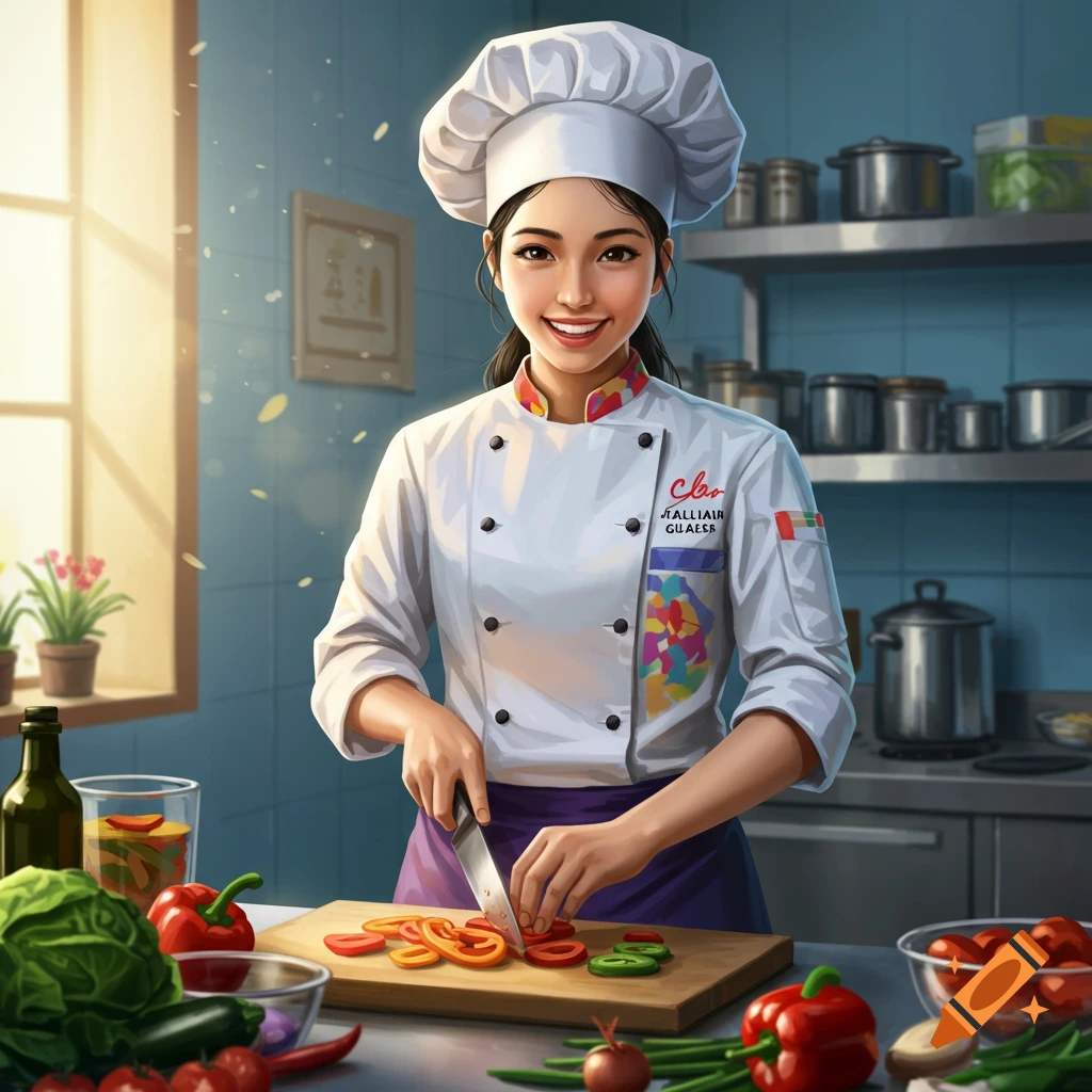 Funny cow in kitchen wearing chef apron and cooking vegetables on Craiyon