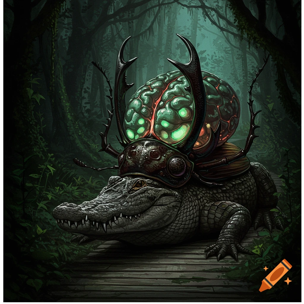 Digital art of a woman in a green dress in a swamp, with an alligator in the water. on Craiyon