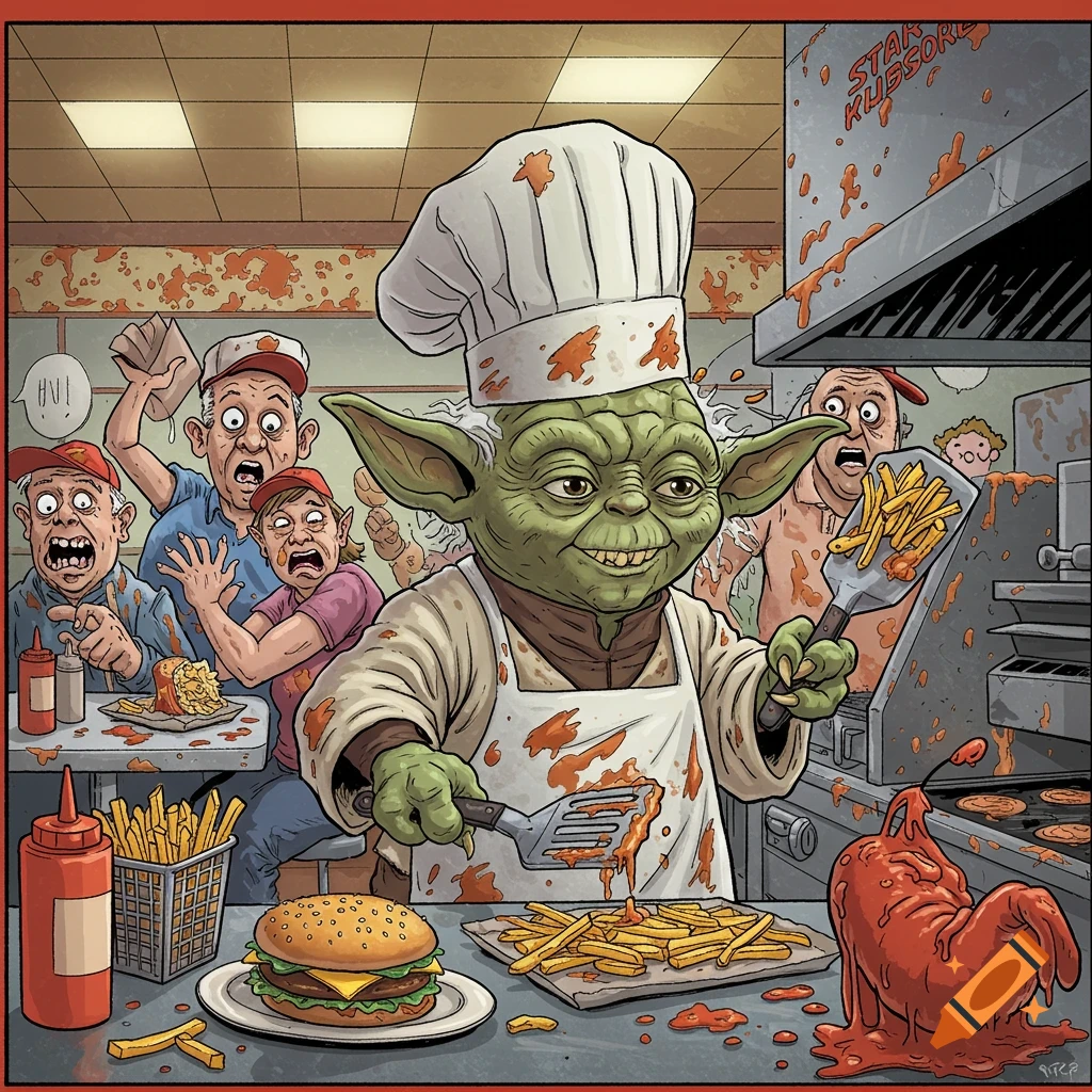 Yoda, wearing a chef's hat and apron, uses a green lightsaber to stir ...
