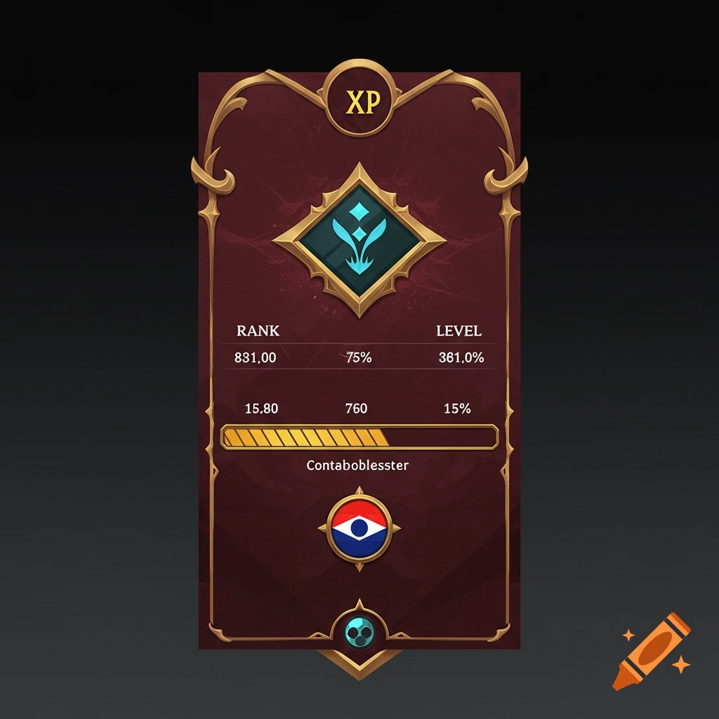 A graphic of a ranking card with user stats, XP progress bar, and flags ...