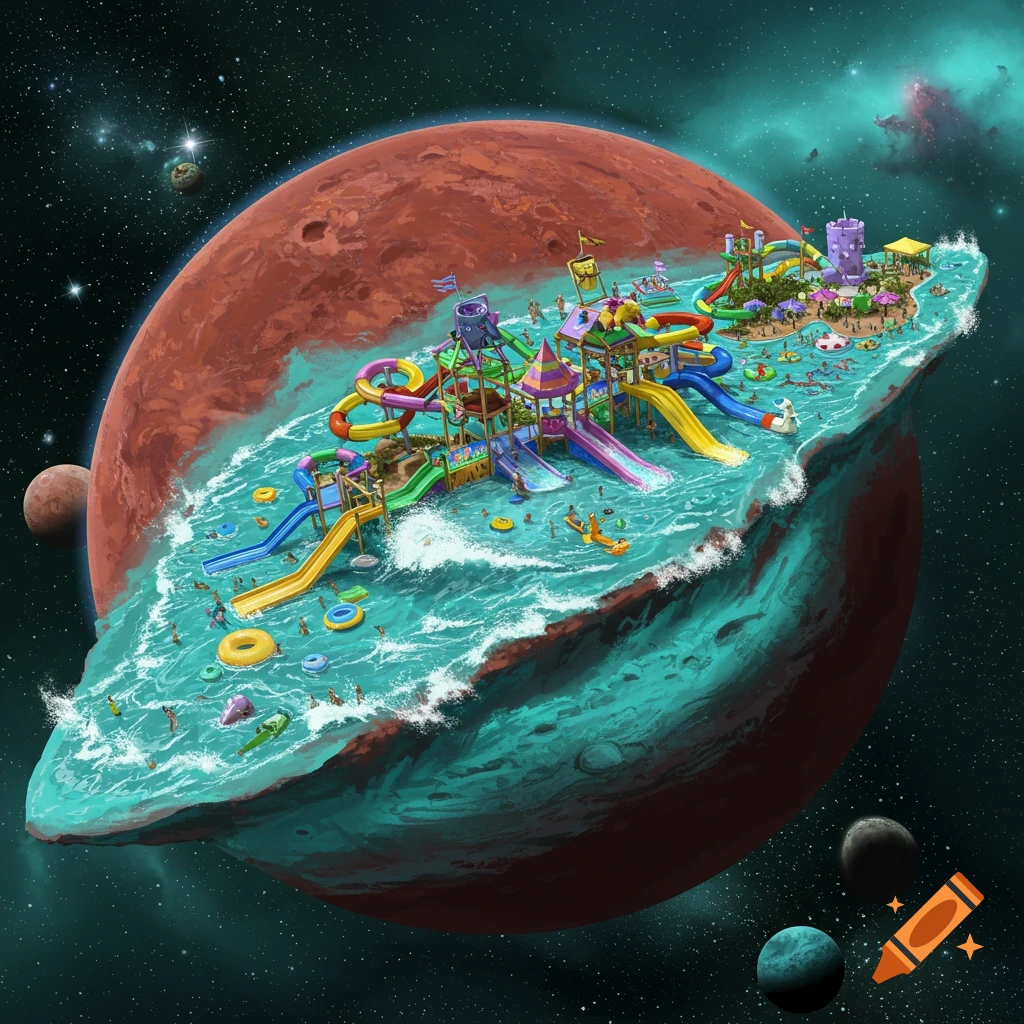 Illustration of a colorful waterpark on a red planet in space with ...