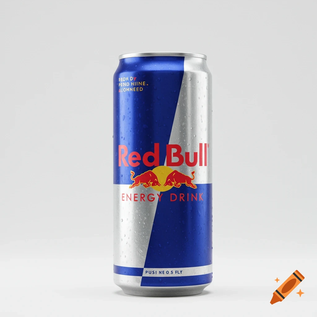 Realistic rendering of a Red Bull energy drink can with water droplets ...