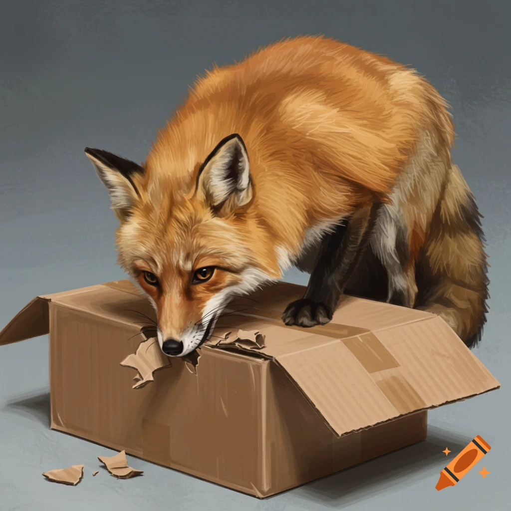 An illustration of a red fox tearing into a cardboard box. on Craiyon
