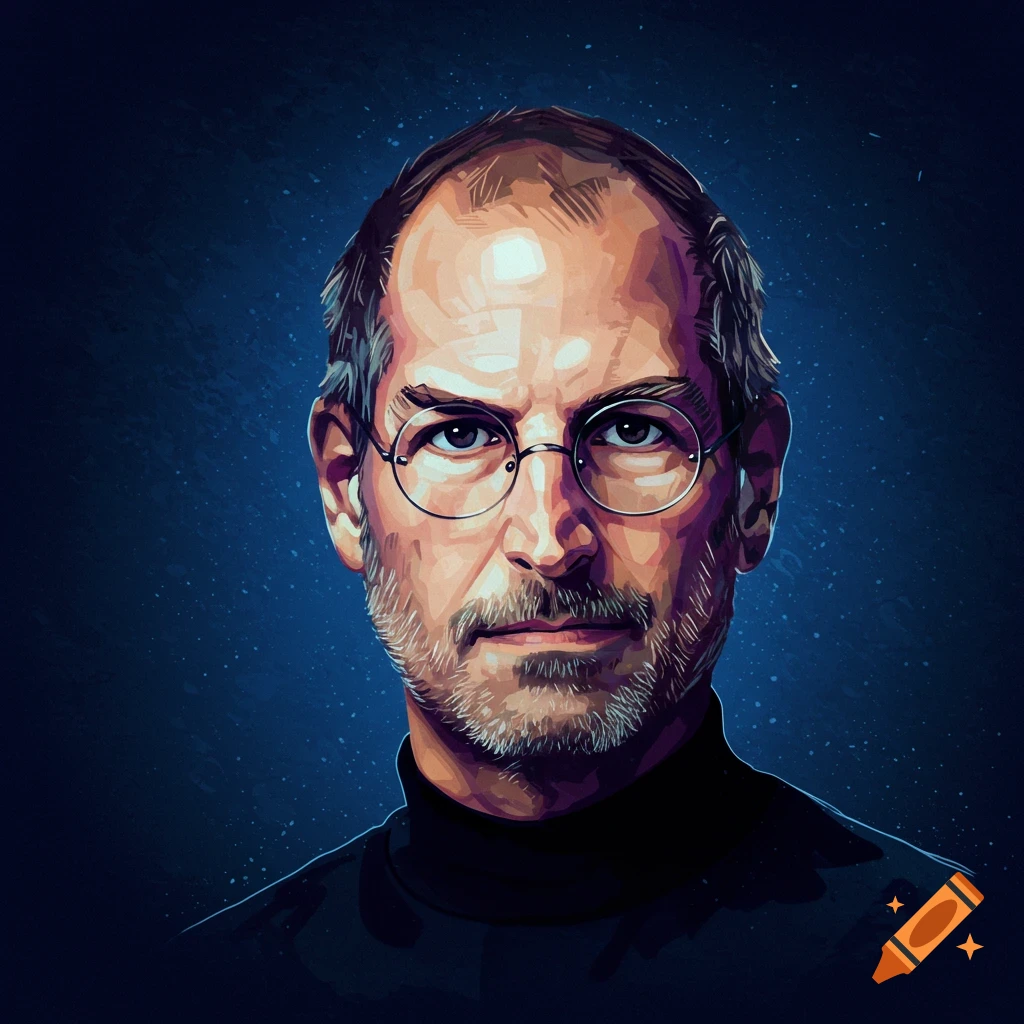 Stylized digital art portrait of a man resembling Steve Jobs wearing ...