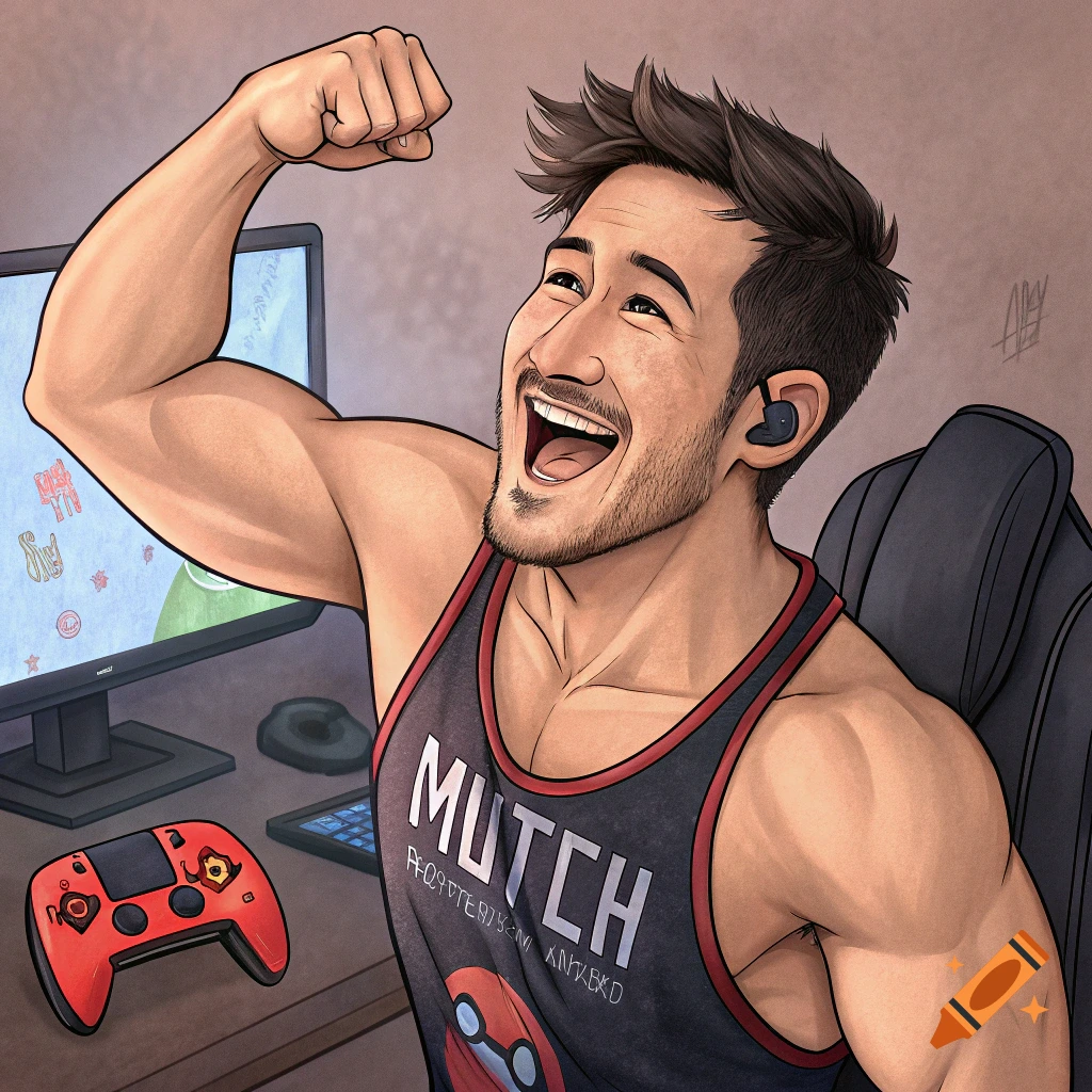 Cartoon illustration of a muscular man flexing at a gaming computer. on ...