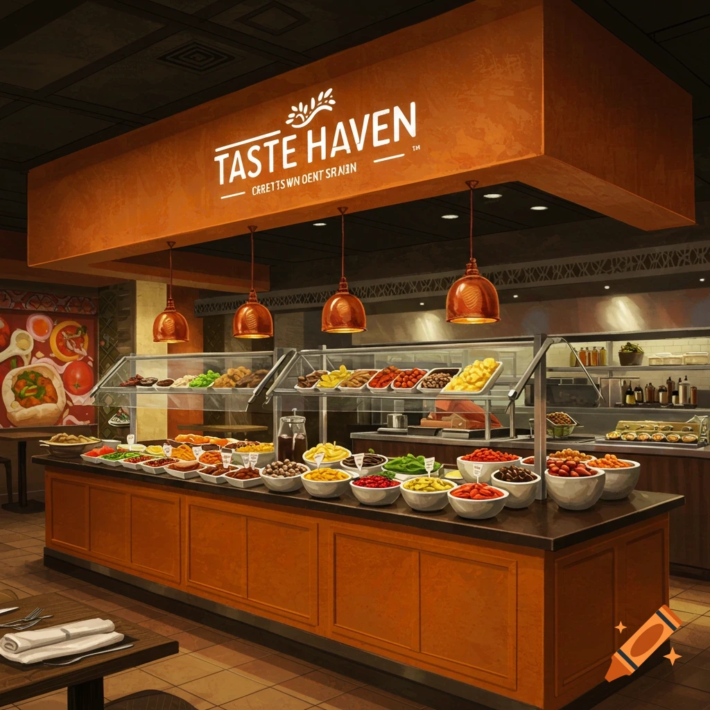 Taste Haven restaurant buffet with orange color scheme on Craiyon