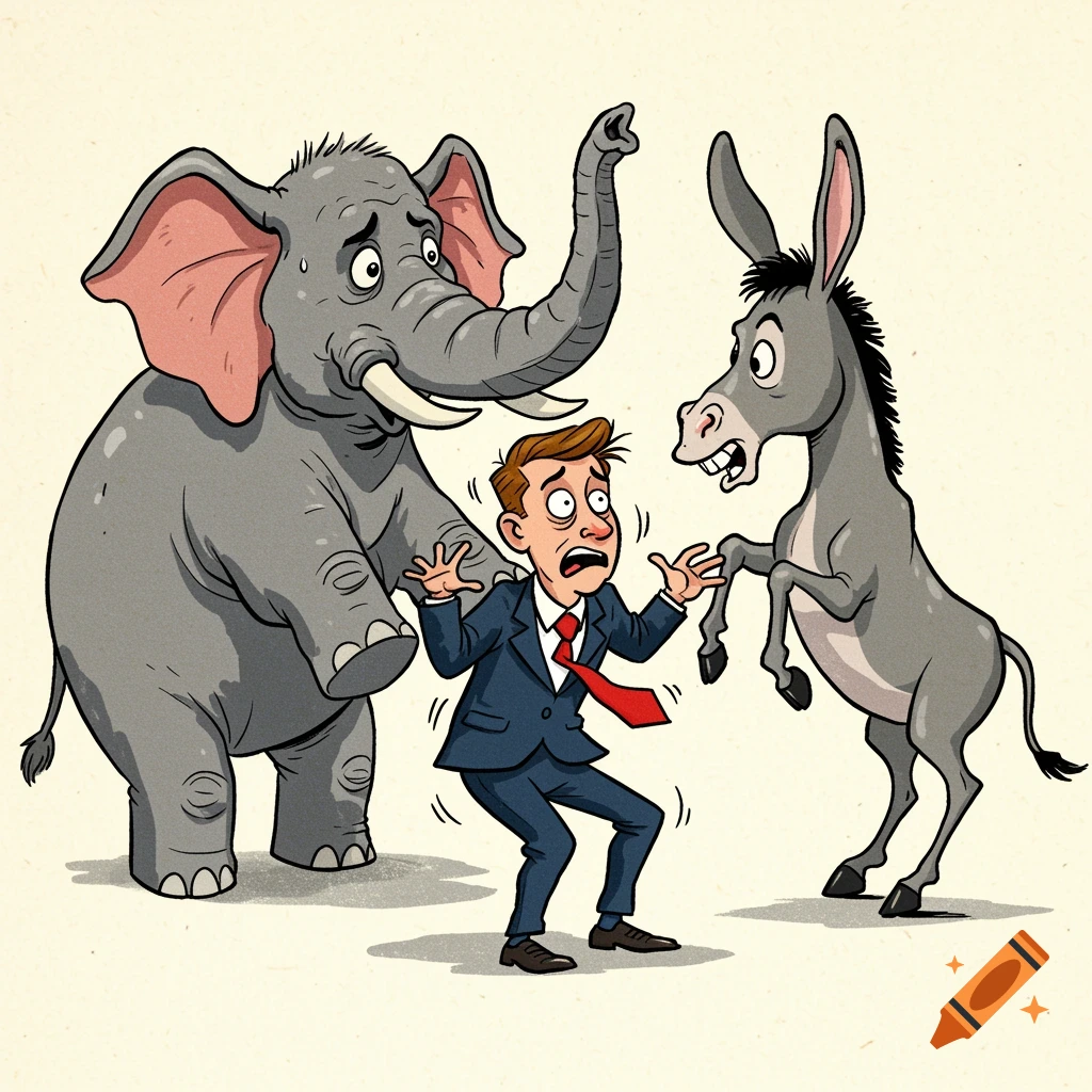American man between republican elephant and democratic donkey clipart ...