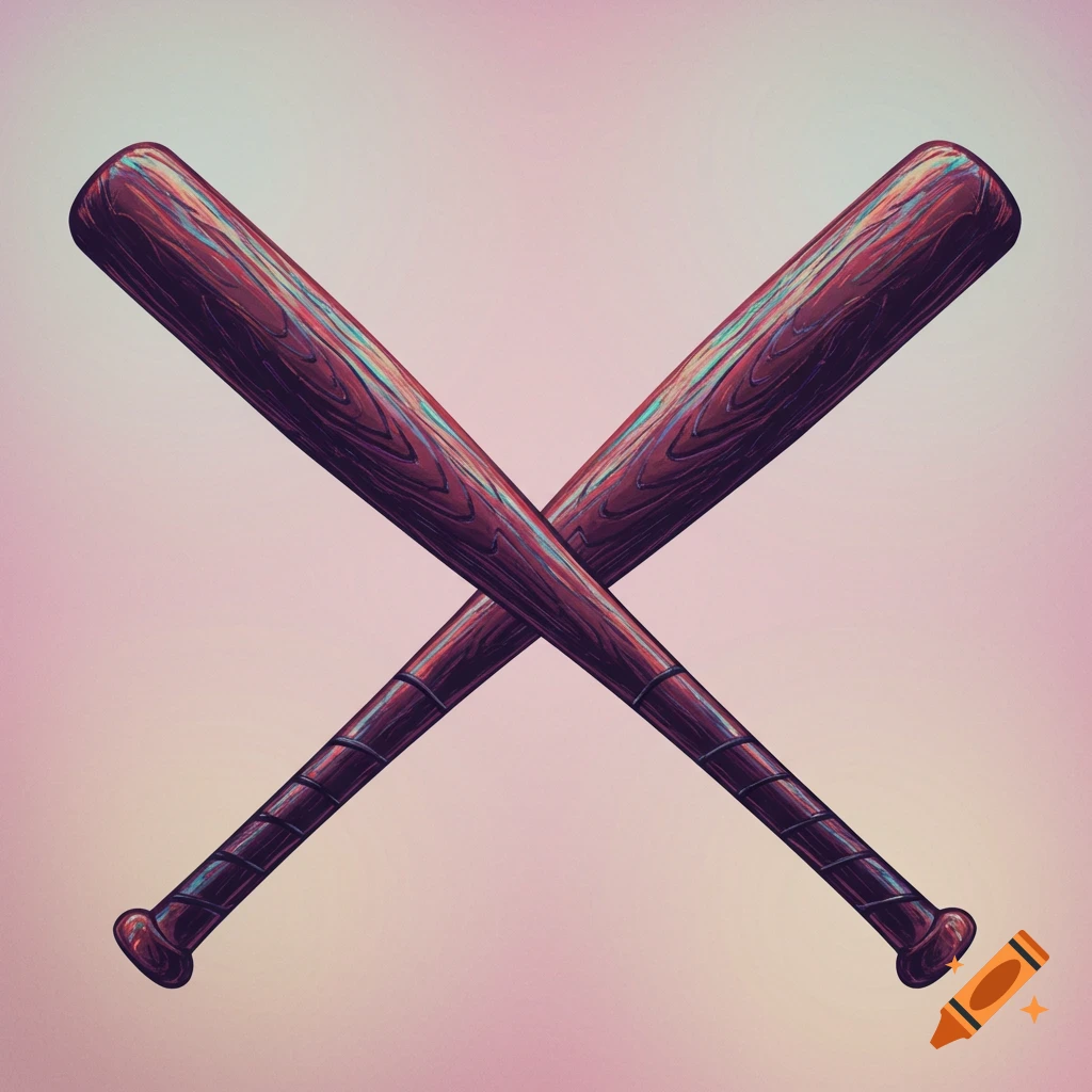 Two textured wooden baseball bats are crossed against a pink and yellow ...