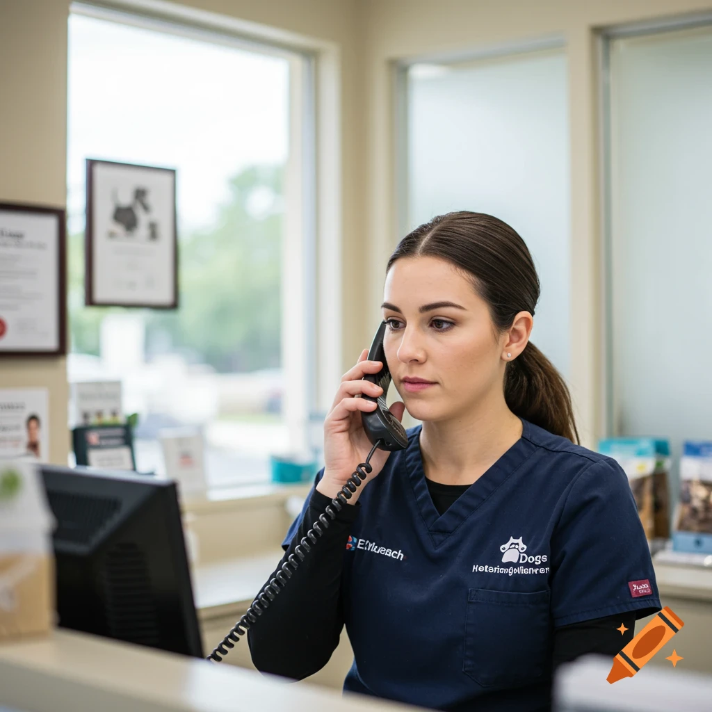 A woman in navy blue scrubs talks on the phone at a reception desk in a ...