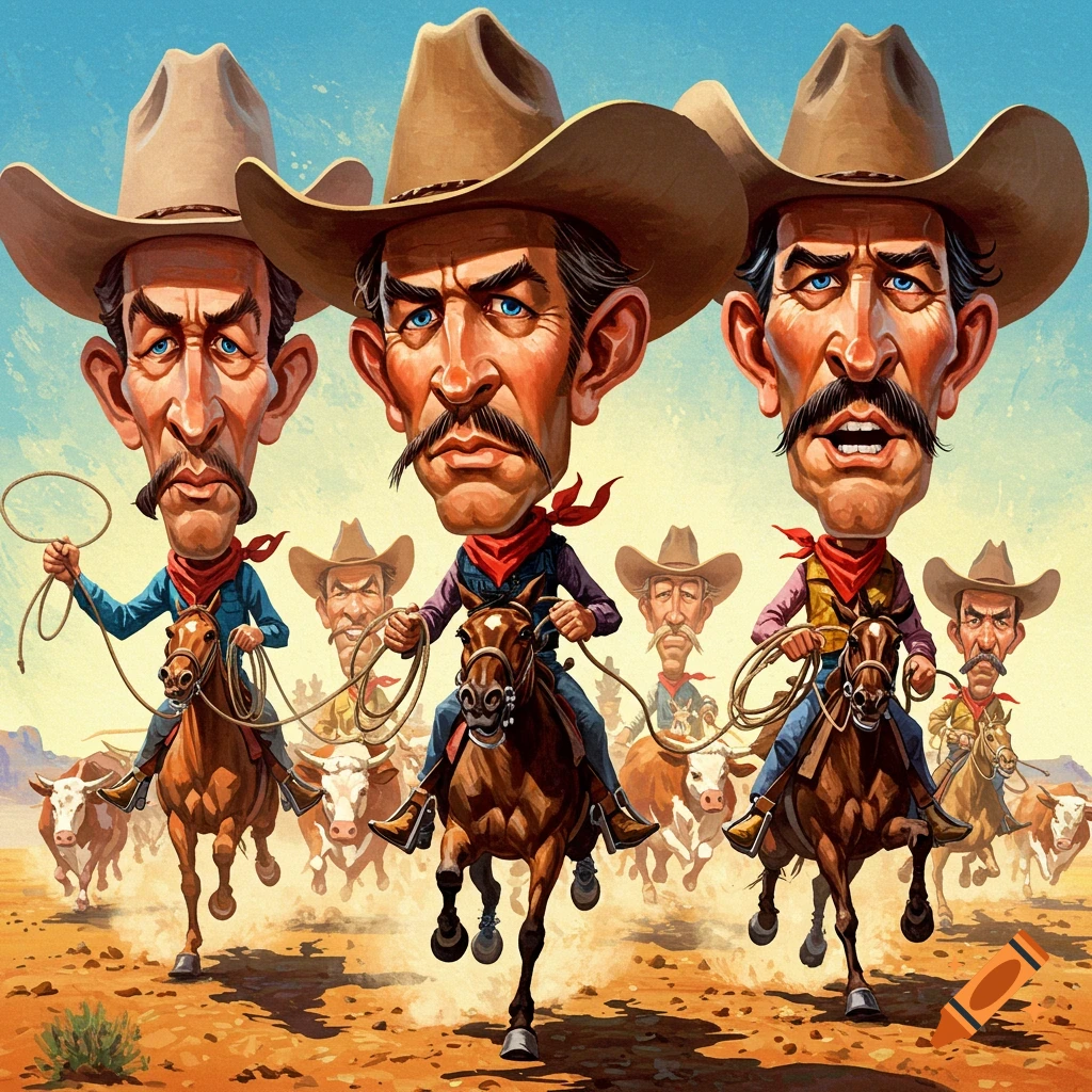 Western painting of cowboys with big heads chasing cattle on Craiyon