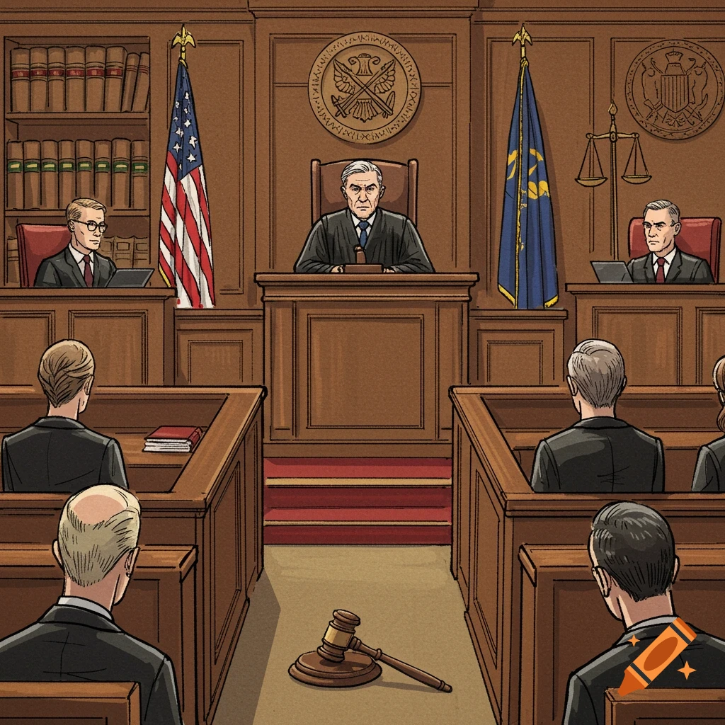 Courtroom drawing with judge on bench on Craiyon