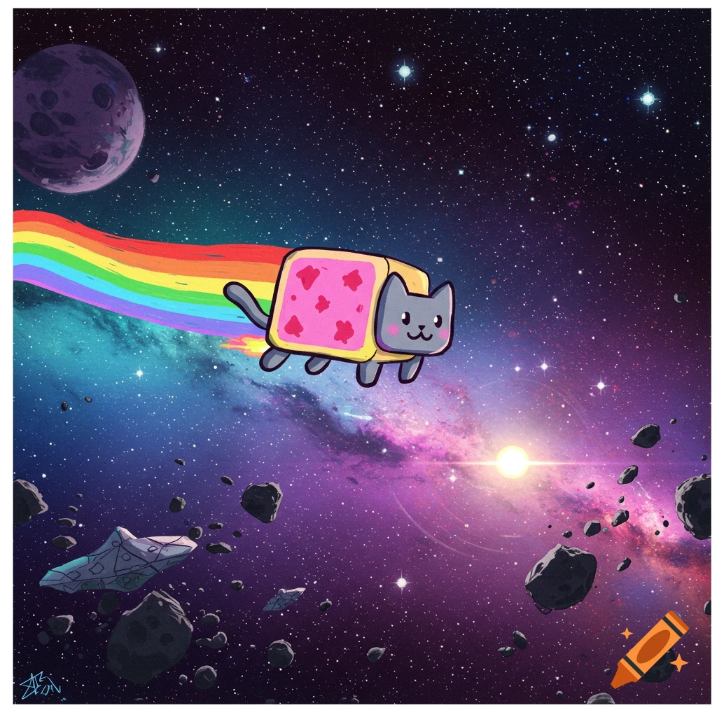 Cartoon Nyan Cat flying through space leaving a rainbow trail ...