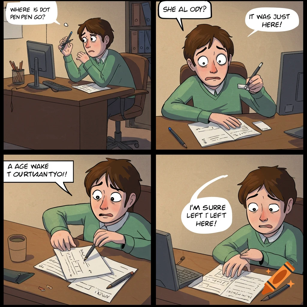 Comic strip panel about a lost pen on Craiyon