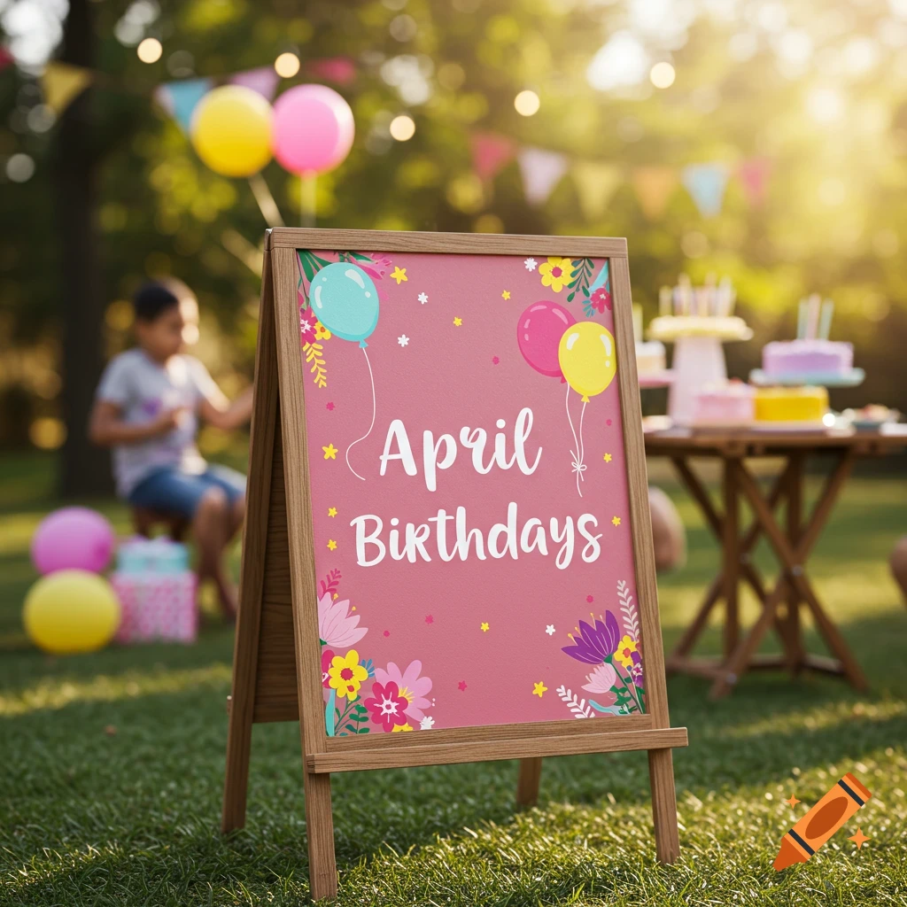 A festive sign saying 'April Birthdays' at an outdoor party. on Craiyon