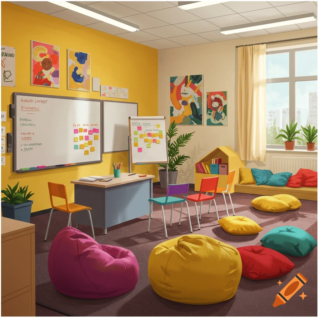 Modern classroom with smartboards, tablets, ergonomic chairs, STEM ...