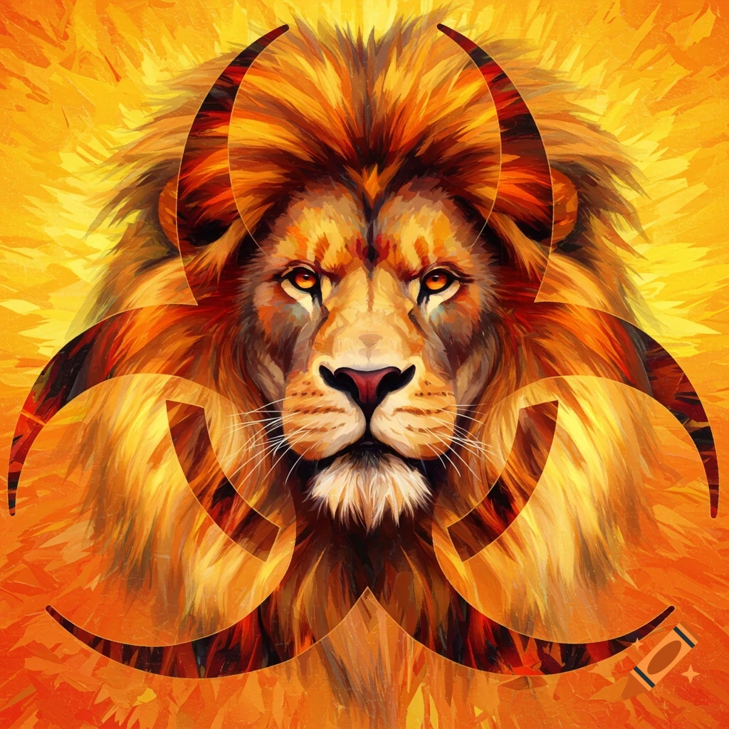 Biohazard symbol combined with a lion's face on Craiyon