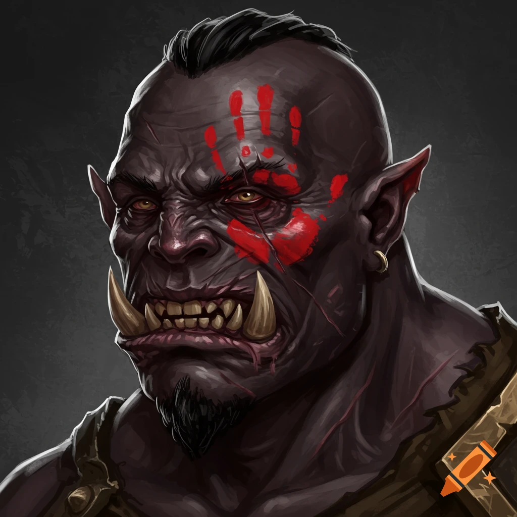 Black orc with disfigured face and red hand print tattoo on Craiyon