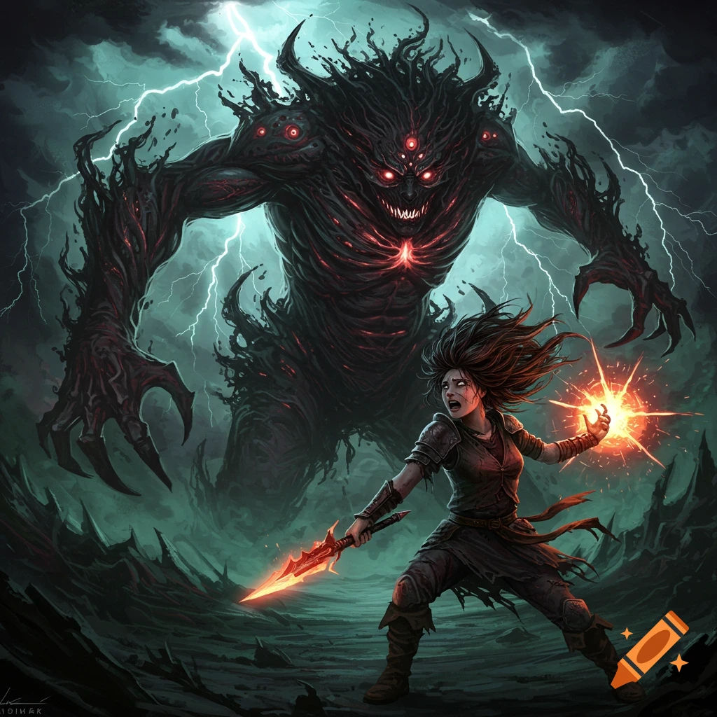 Eerie picture of a person battling an insane, all-powerful being on Craiyon