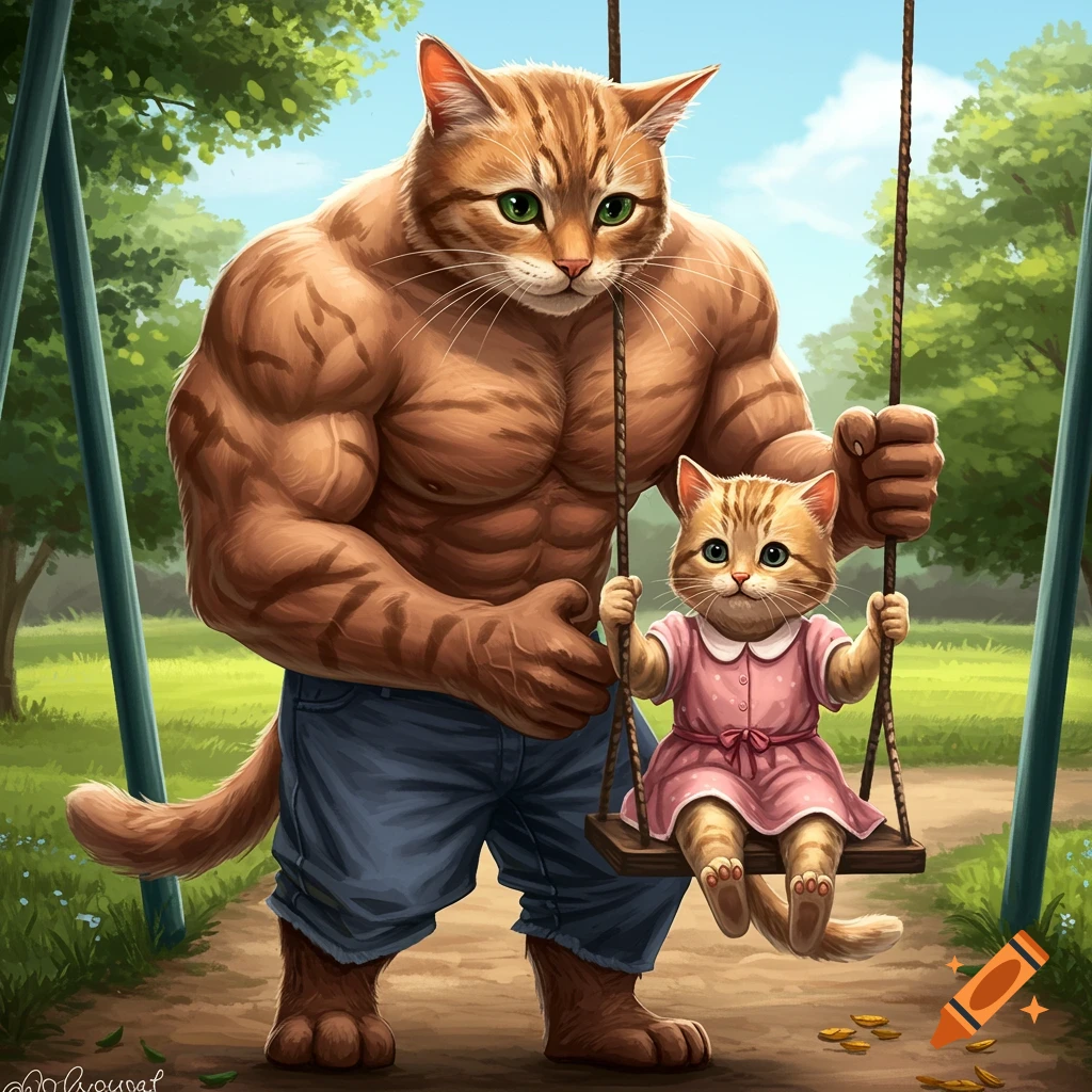 Buff cat with baby cat on swing in park on Craiyon