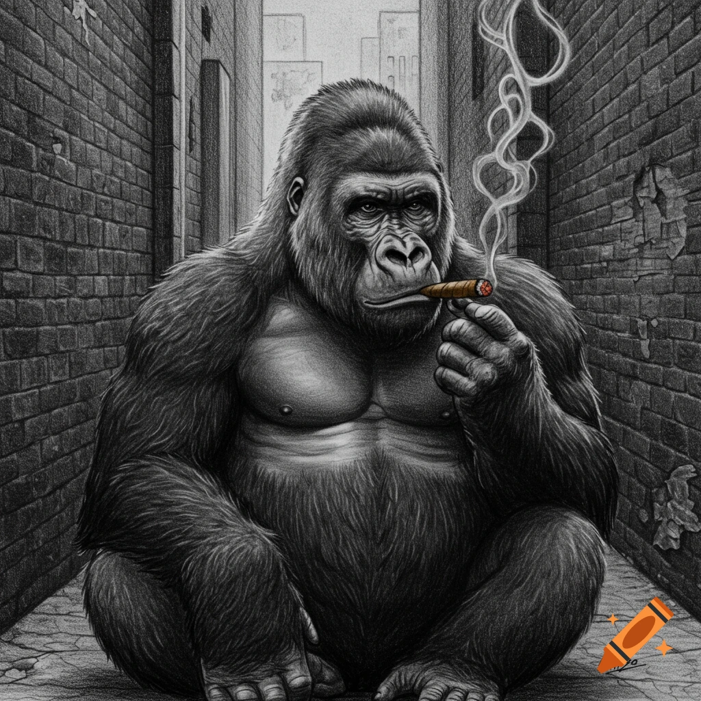 Pencil drawing of a gorilla sitting in an alleyway smoking a cigar. on ...