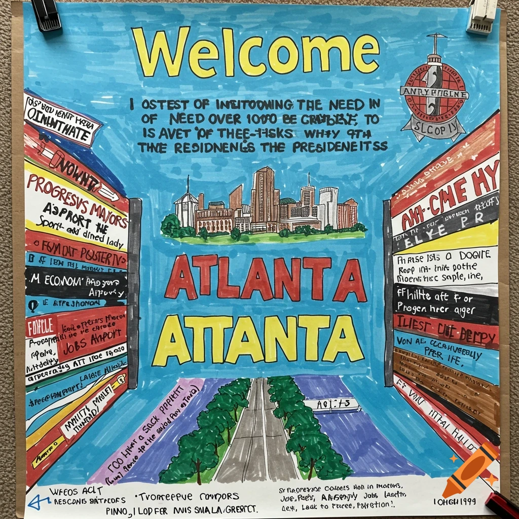 Colorful welcome poster inviting new residents to Atlanta, highlighting ...