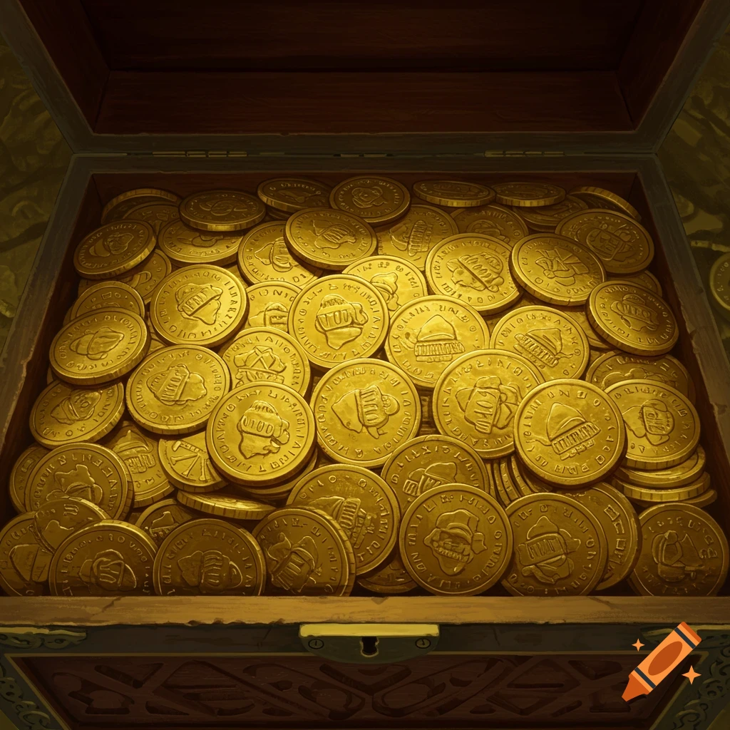 A wooden treasure chest overflowing with shiny gold coins. on Craiyon