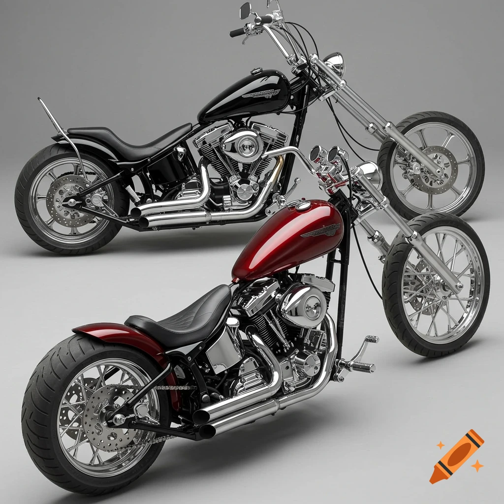 Chopper motorcycles lined up on Craiyon