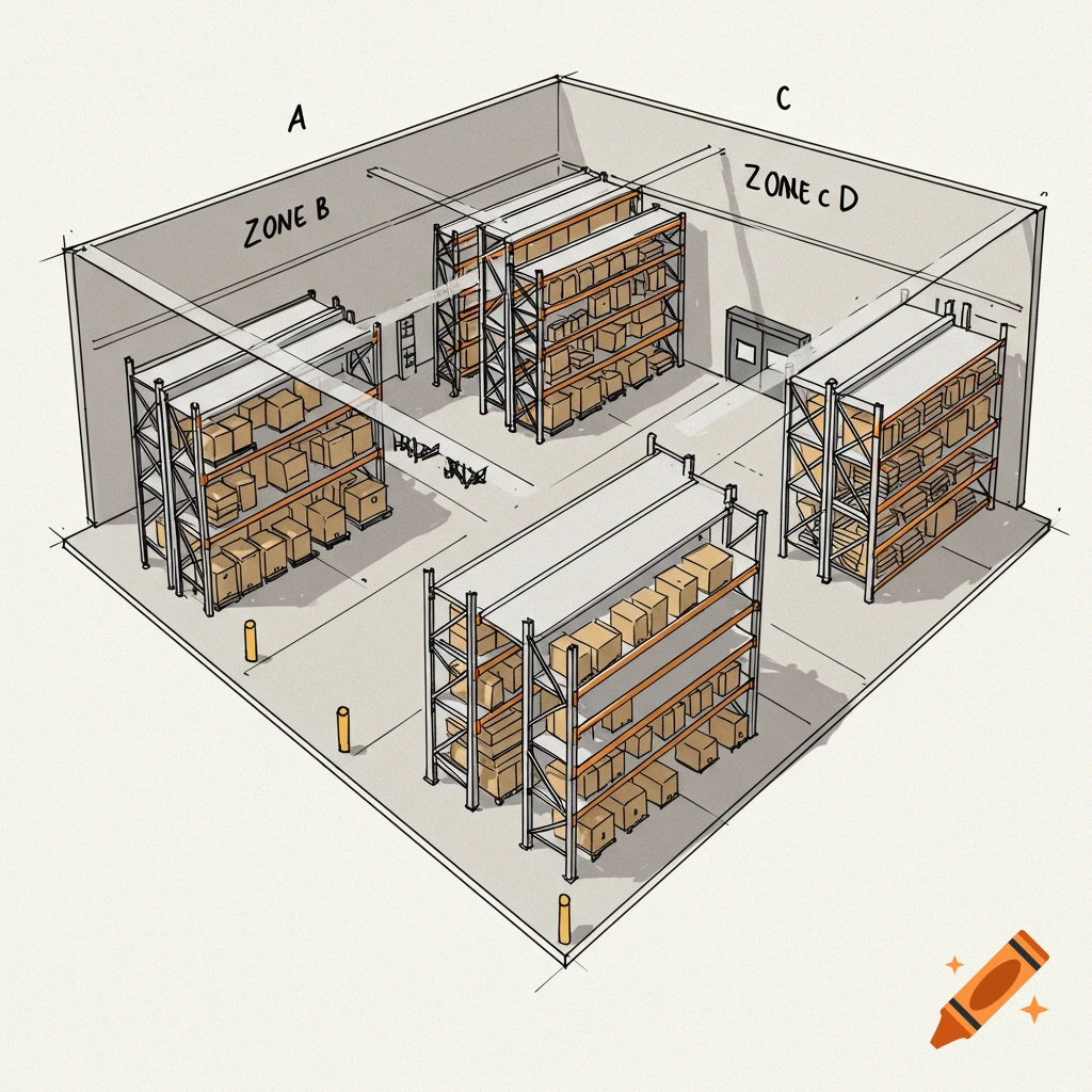 Sketch of a warehouse interior with shelves, boxes, labeled zones, and ...