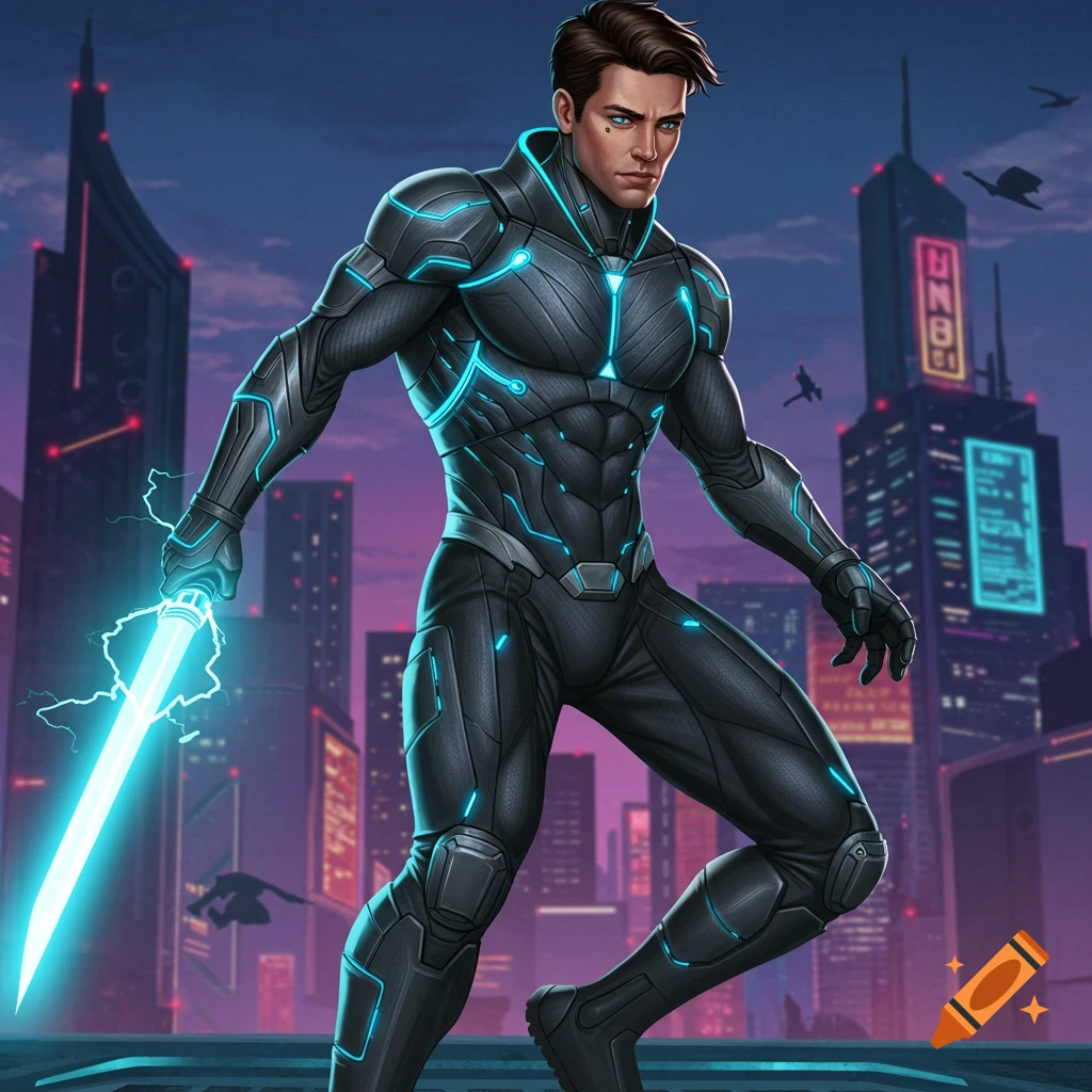 Superhero manipulating energy with hands, silver and electric blue high ...