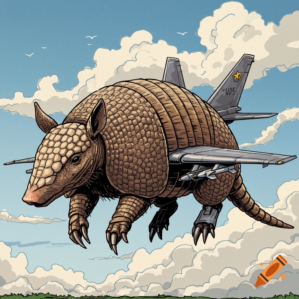 Painting of a large flying armadillo with airplane wings alongside a ...