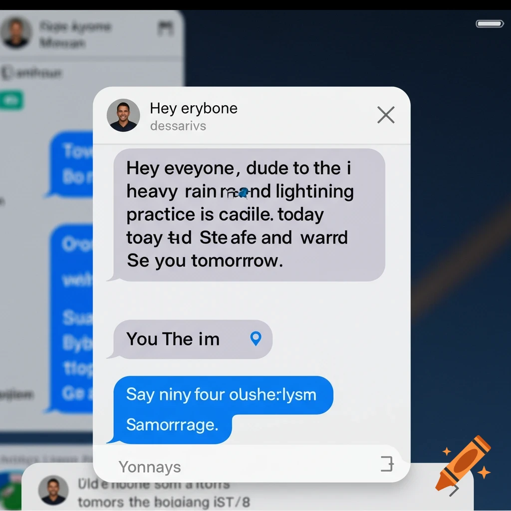 Text in Apple Messages showing practice is canceled due to weather on Craiyon