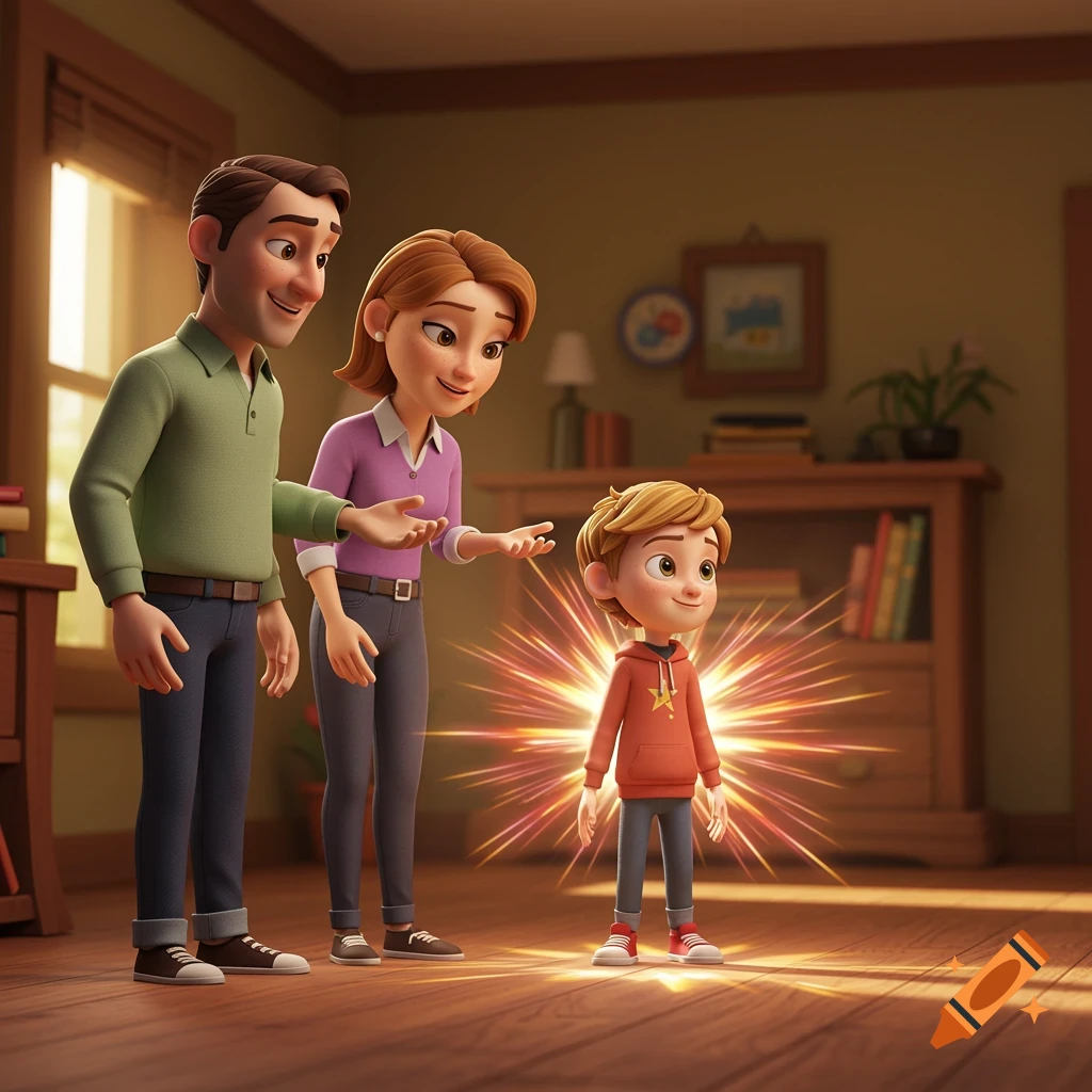3D render of parents talking to a boy in Disney Pixar style with energy ...