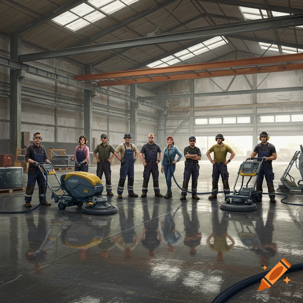 Group of workers standing with concrete polishing machines in a ...