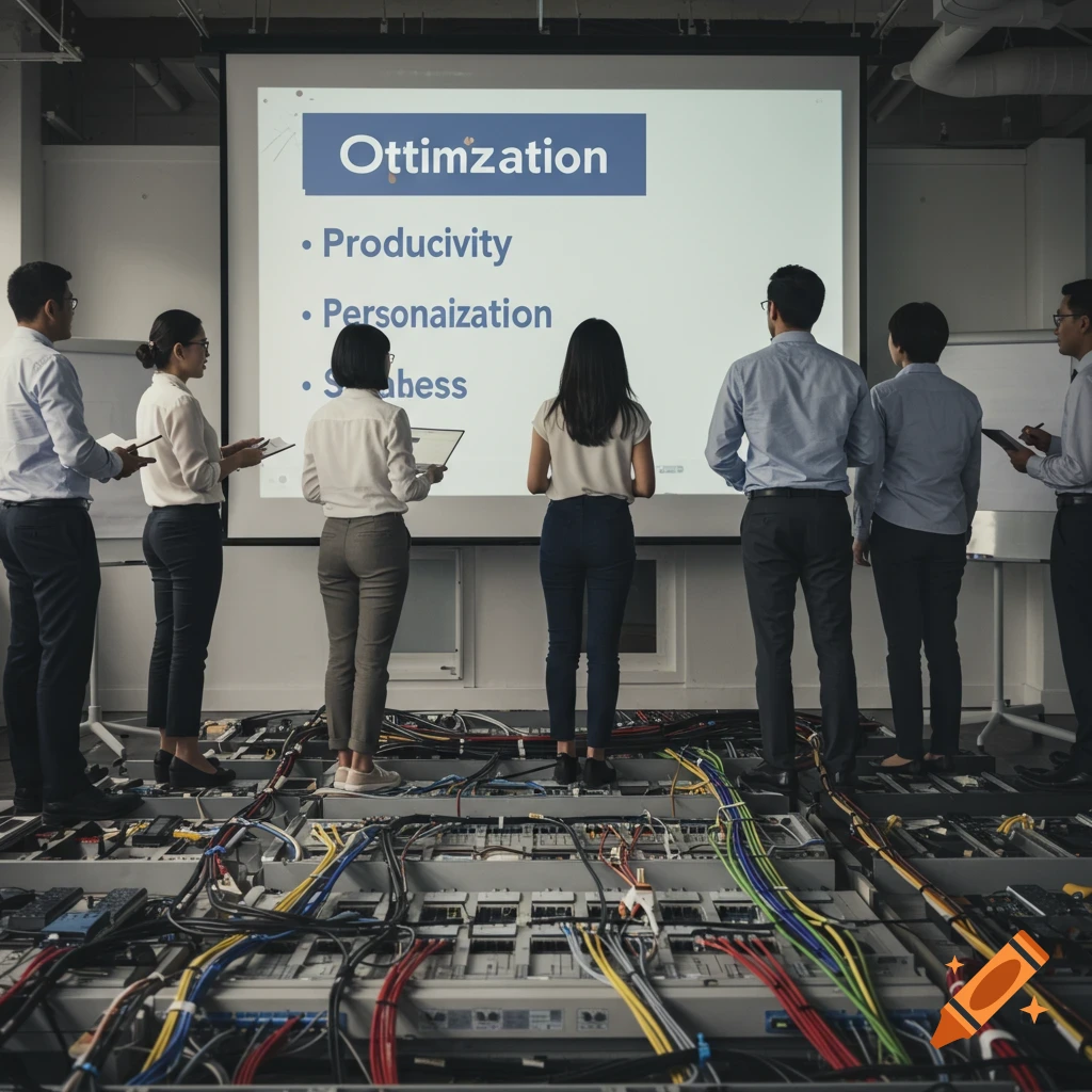 Office professionals in a standing meeting reviewing a PowerPoint slide on Optimization ...