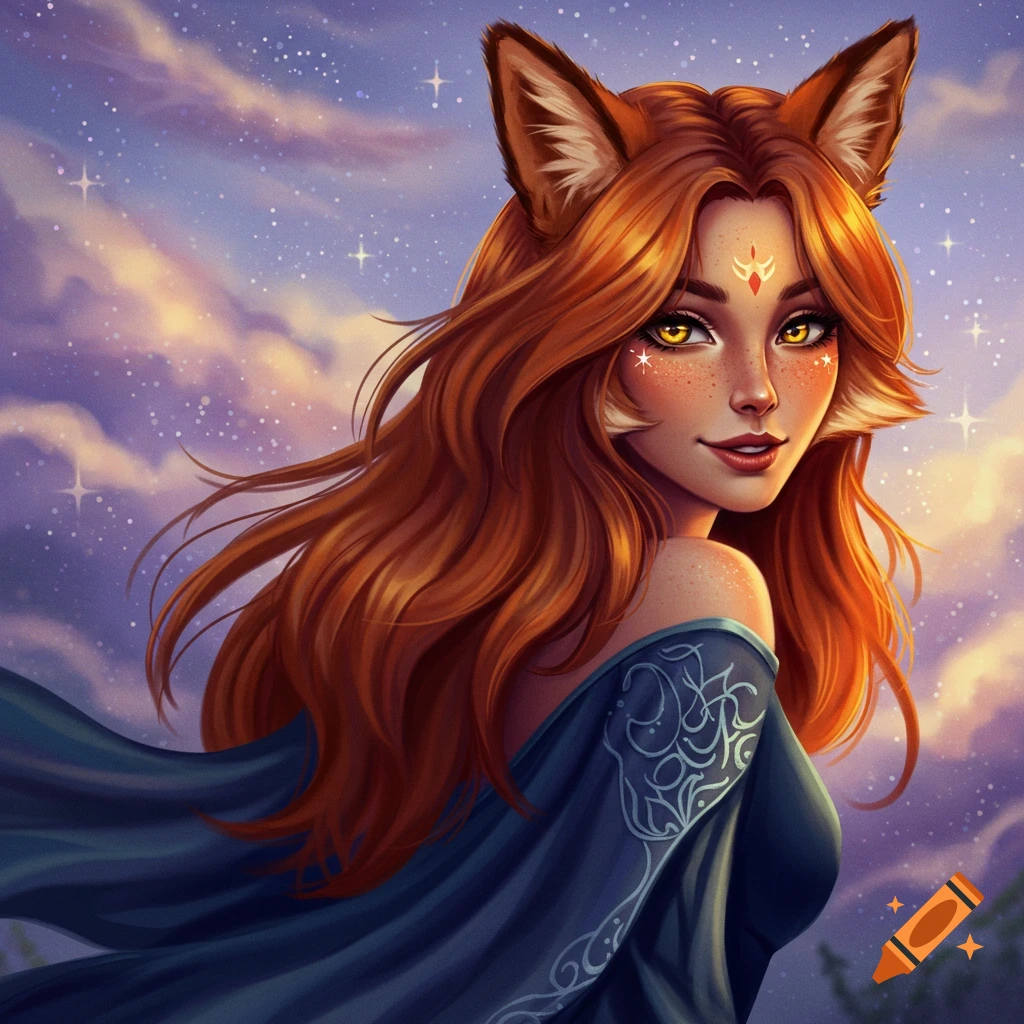 Captivating woman with fox-like features exuding playful mystery on Craiyon