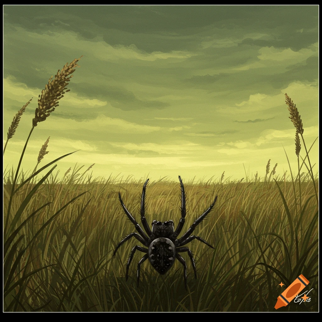 Spider on hill overlooking prairie with stormy sky on Craiyon